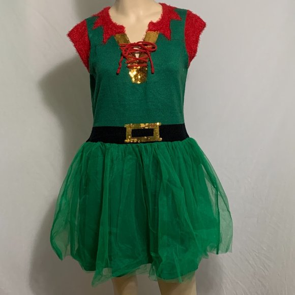 Holiday Time | Dresses | Ugly Christmas Dress Sweater Elf Sequins Faux ...